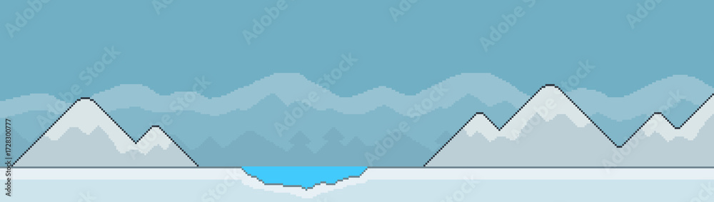 8-bit pixel art horizontal background with pixel arctic mountains and ...