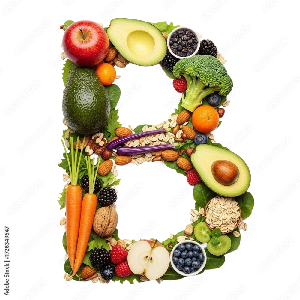 Healthy Food Letter B Century Font Made of Fruits and Vegetables on ...