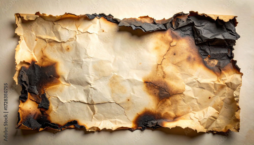 Old sheet of paper with crumbling edges and blackened scorch marks ...