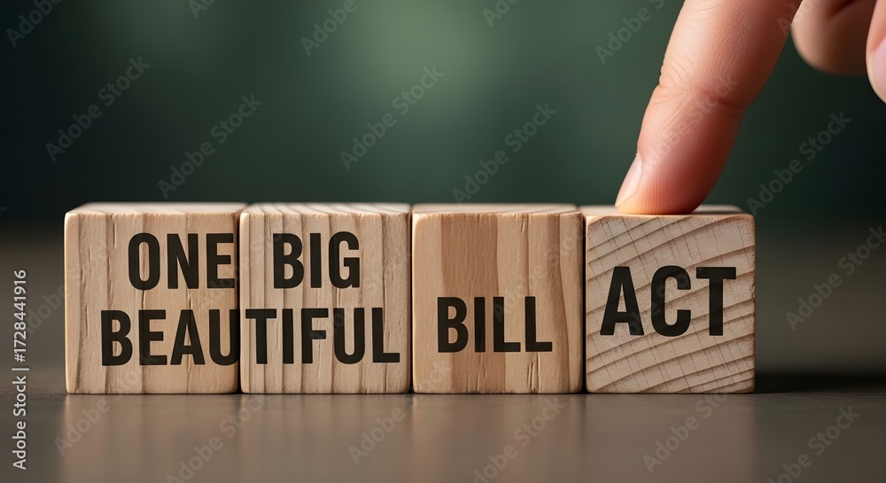 Finger points to wooden blocks spelling out one big beautiful bill act ...