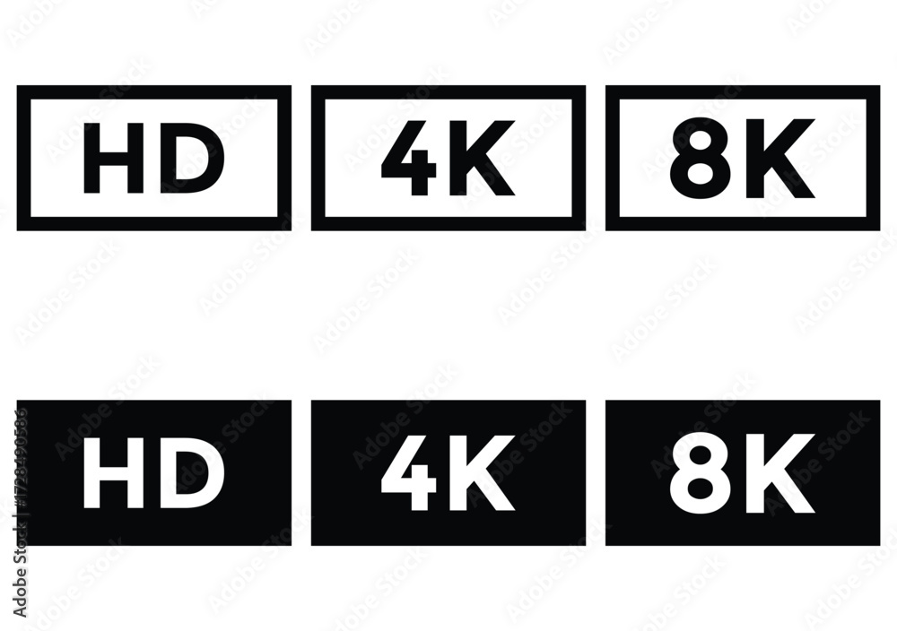 HD 4K 8K Video Format Icons Set – High Definition Display Symbols in ...