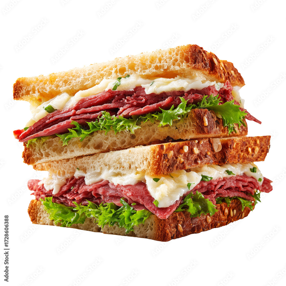 Corned beef pastrami sandwich with cheese, lettuce, and pickles on ...