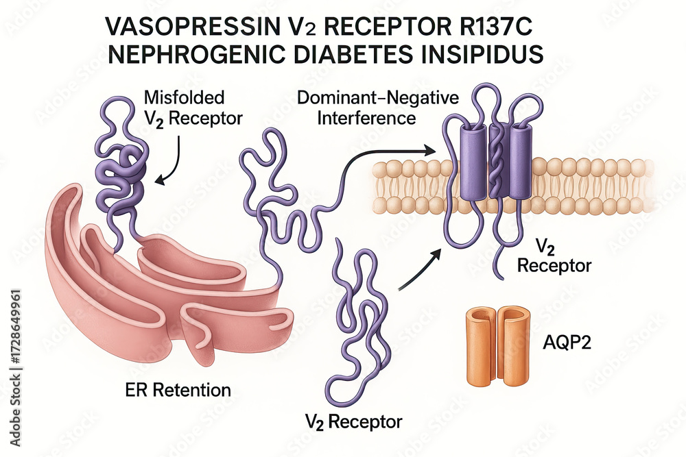 Diagram illustrating vasopressin V2 receptor R137C mutation and its ...