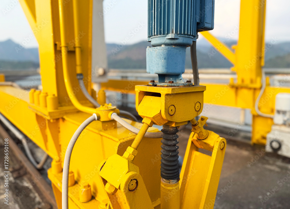 Dam spillway gates working mechanism steel joint system detail. Stock ...