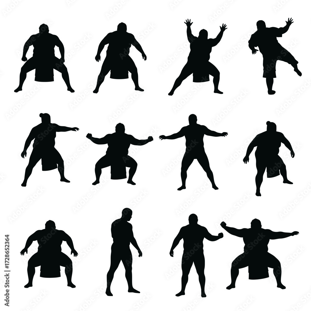Silhouettes of sumo wrestlers in various stances and poses, including ...