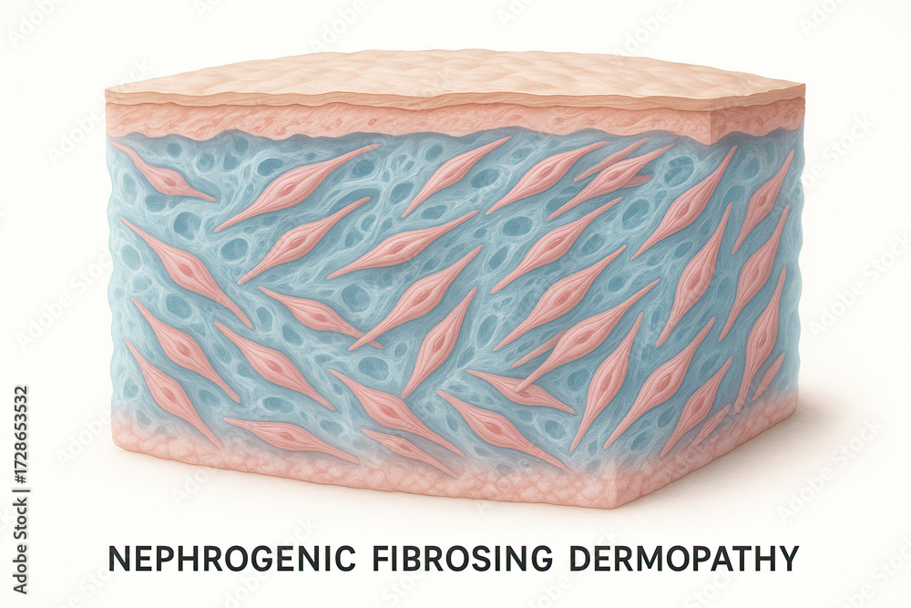 Cross-section illustration of Nephrogenic Fibrosing Dermopathy, showing ...