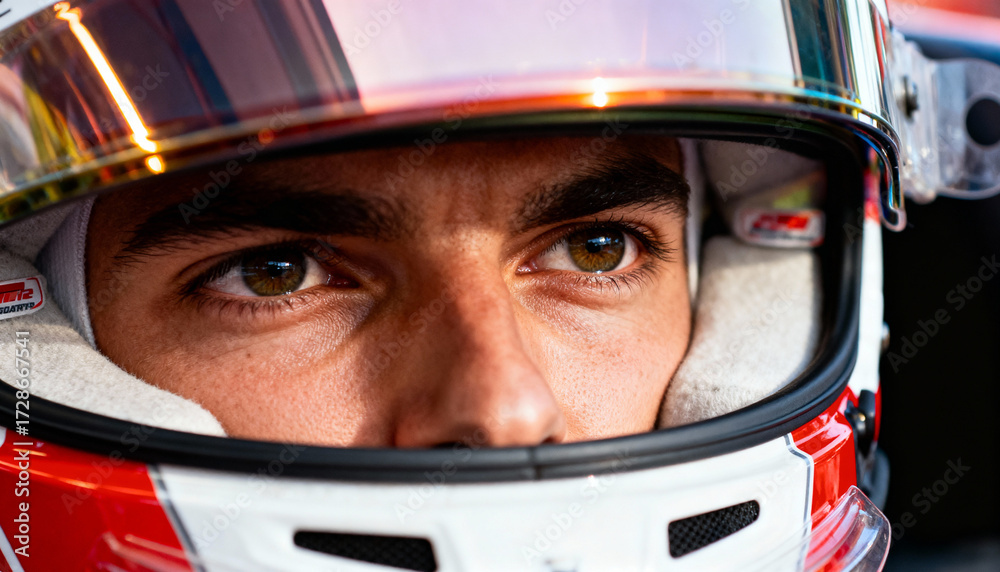 Intense gaze of a male Formula 1 race car driver. Concentrated stare of ...