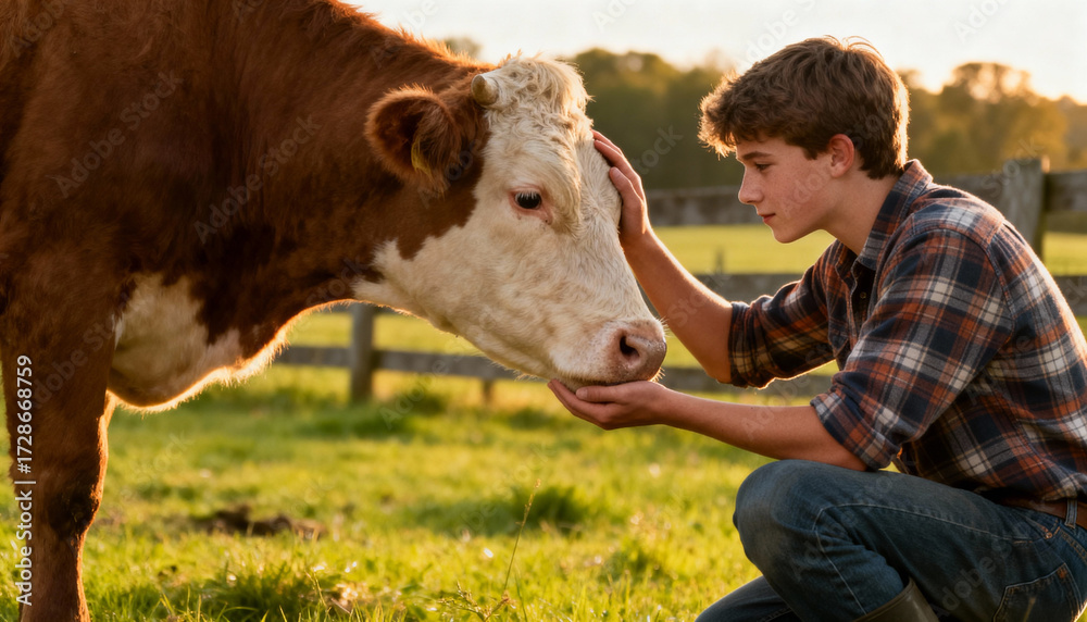 Young farmer tenderly petting a cow in a field at sunset. Concept of ...