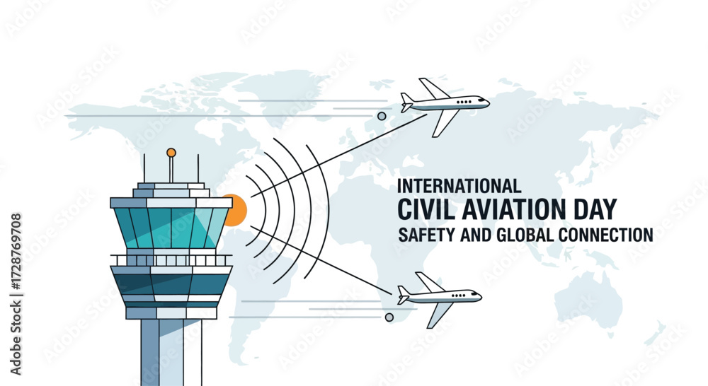 Minimal 2D flat vector showing an airport control tower guiding planes ...