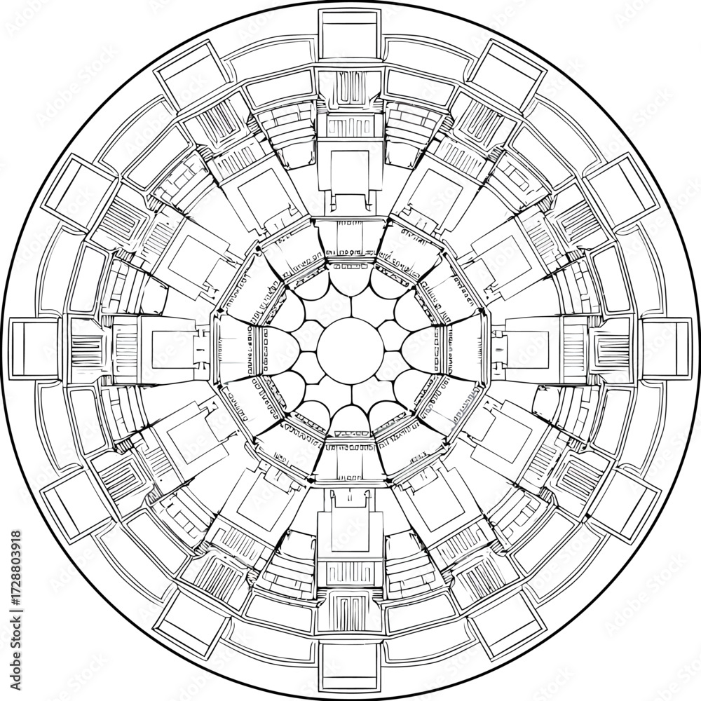 Circular architectural plan, detailed layout of interconnected spaces ...
