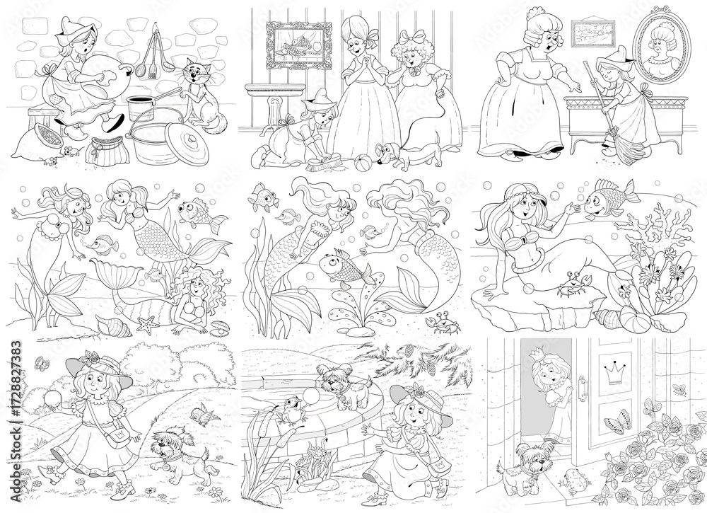 Three fairy tales. Cinderella. Mermaid. The Frog Prince. Set of cute ...