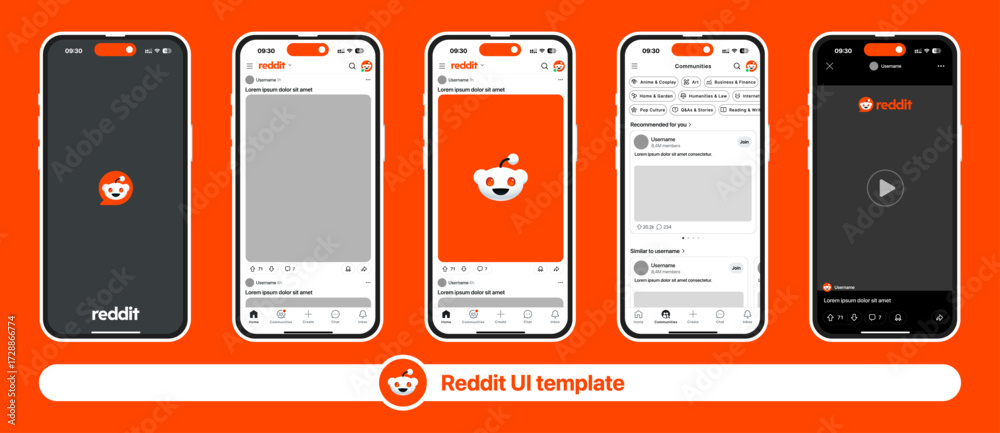 Reddit app template UI 2025 update on iPhone 17. Social feed interface ...