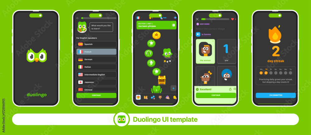 Duolingo app template UI 2025 update on iPhone 17. Language learning ...