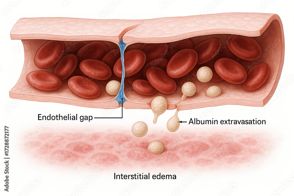 Cross-section of a blood vessel showing red blood cells, an endothelial ...