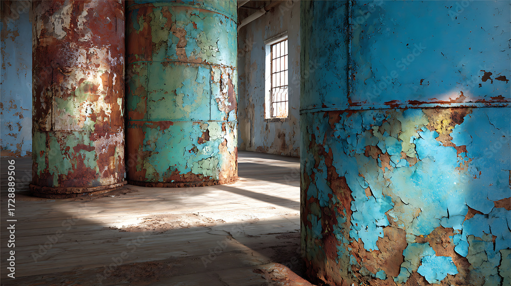 Enamel-coated steel tanks with chipped paint and rust in warehouse with ...