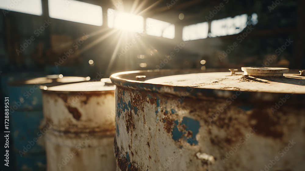 Enamel-coated steel tanks with chipped paint and rust in warehouse with ...