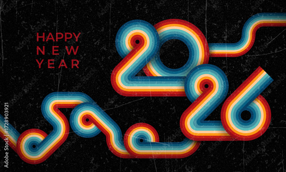 2026 line art design. Retro, 70s style numbers. Happy New Year design ...