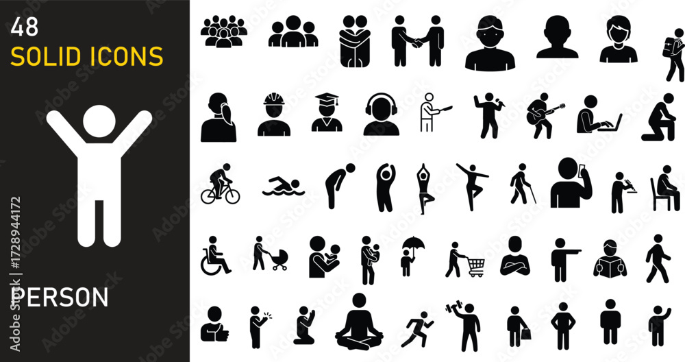 48 Solid Person Icons Collection – Human Figures, Activities, and ...
