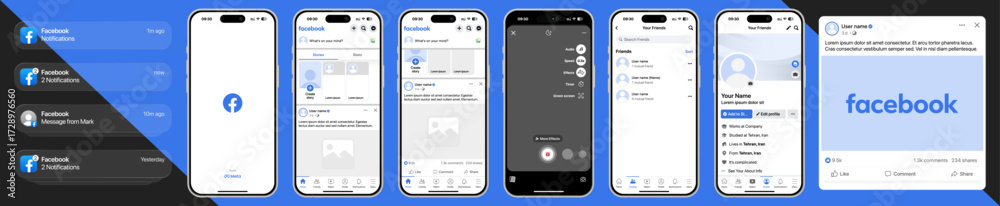 Facebook app template UI 2025 update with desktop app view. Dark and ...