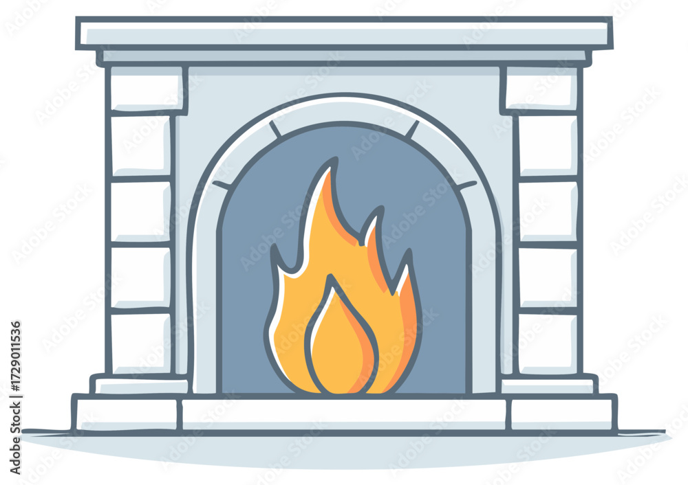 Cute hand drawn illustration of a classic stone fireplace with a warm ...