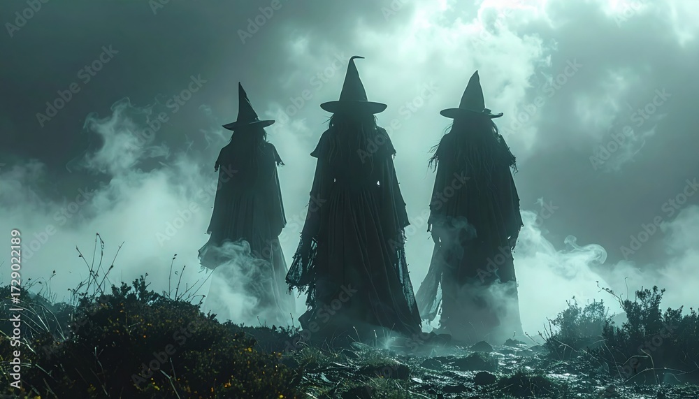 Three witches shrouded in mist on rugged terrain, invoking legends ...