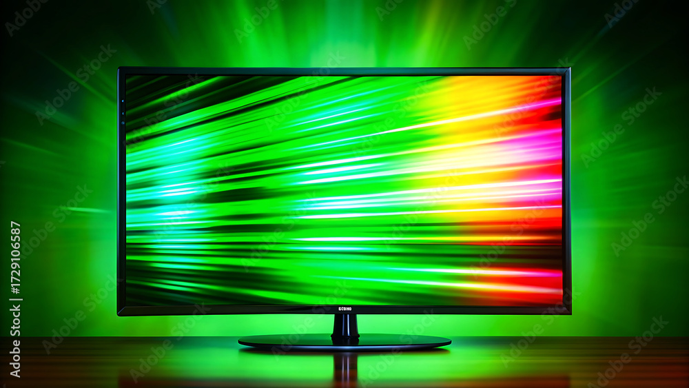 Vibrant abstract light streaks explode across a modern computer monitor ...