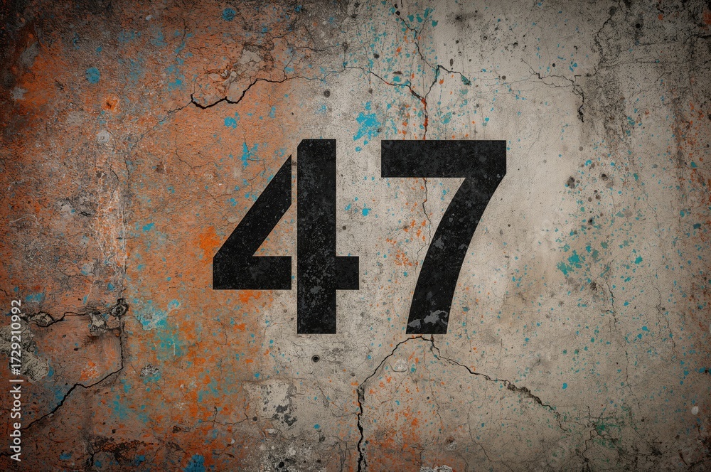 Stencil number 47 featured on a textured cement surface with abstract ...