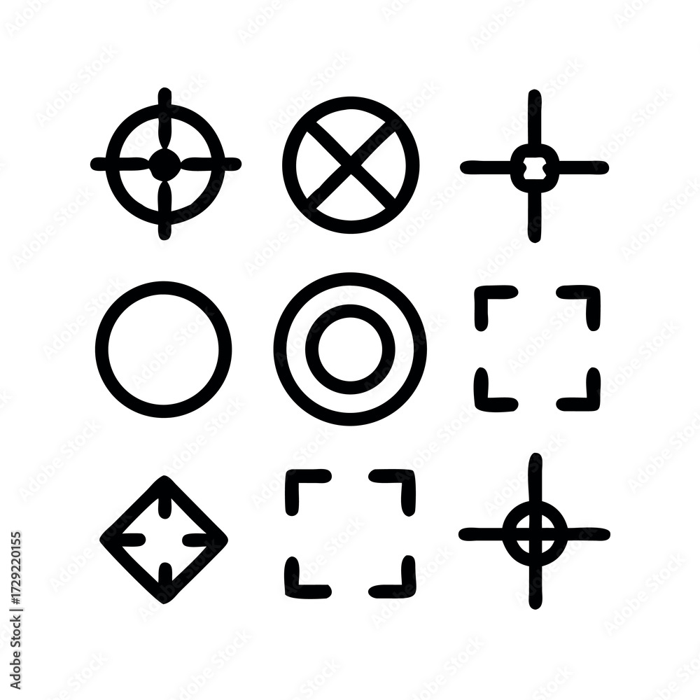Collection of nine distinct crosshair and reticle icons for targeting ...