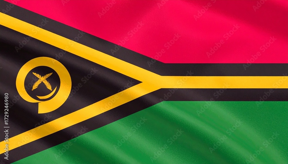 A golden tusk encircles peace—Vanuatu’s flag flows in red, green, black ...