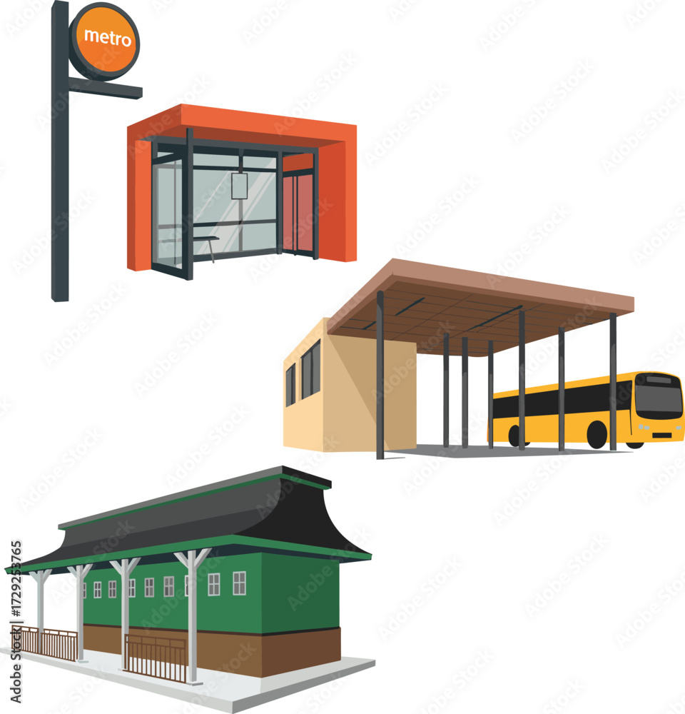 Modern public transport bus stop designs with shelter, signage, and ...