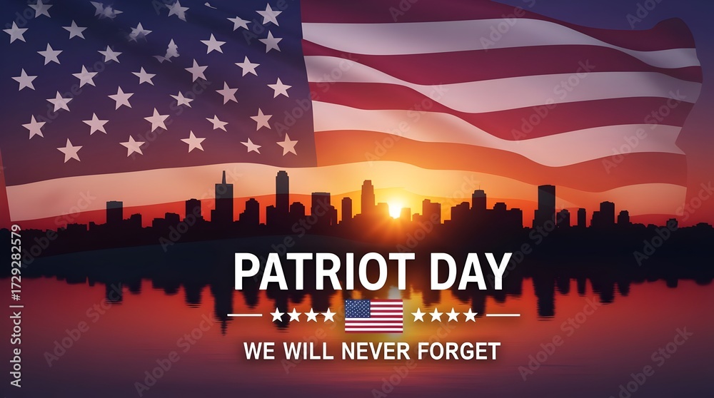 Patriot day banner with american flag waving over city skyline at ...