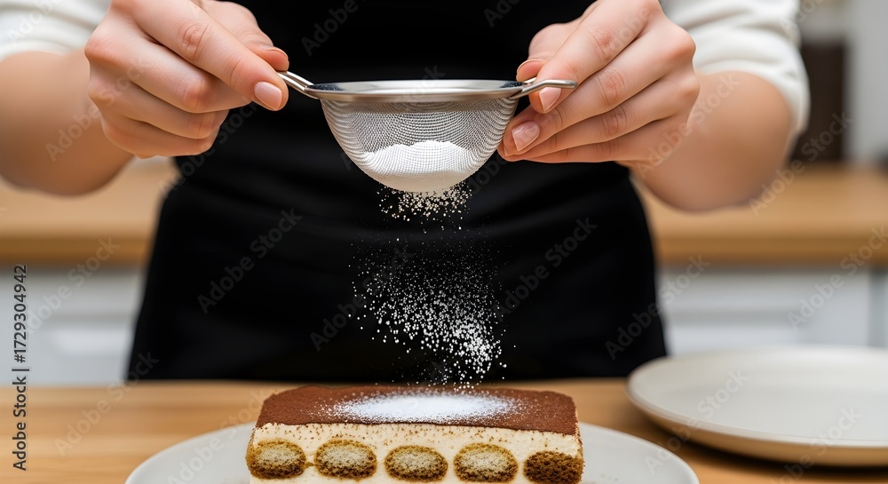 Chef hands dusting powdered sugar on classic tiramisu dessert in the ...