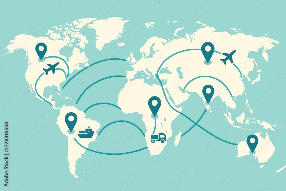 World map showing global logistics routes with icons of airplane, ship ...