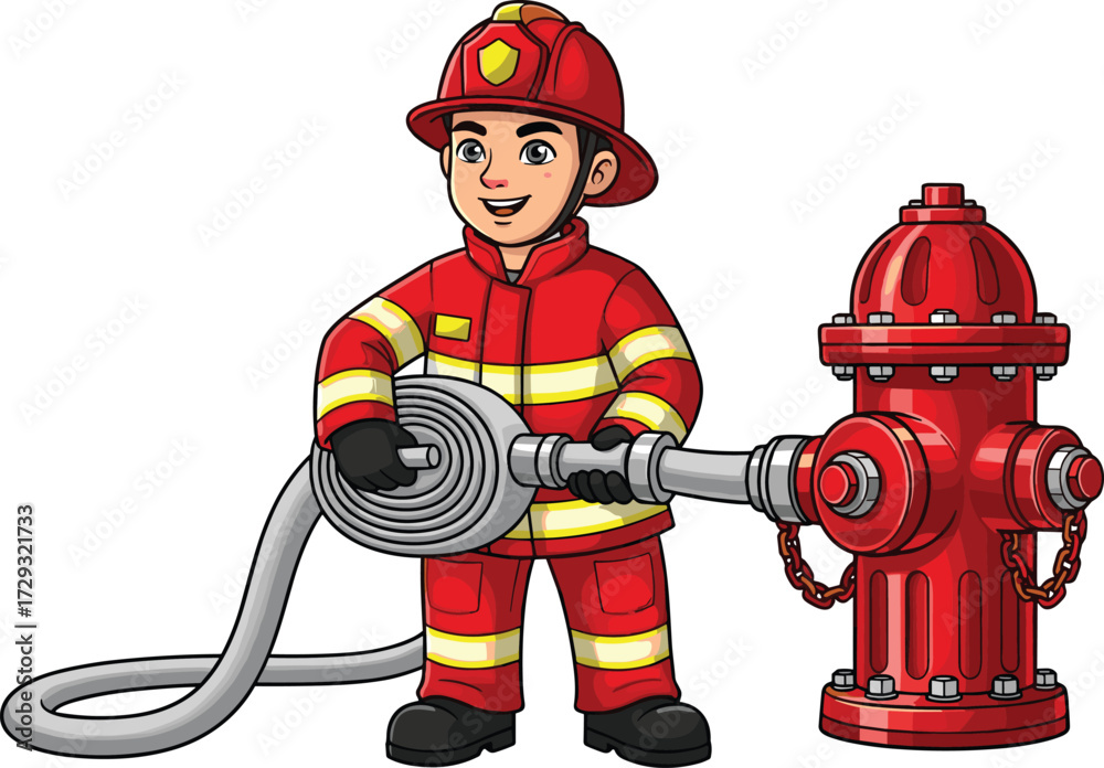Cartoon firefighter vector, red uniform, fire hose, hydrant, safety ...