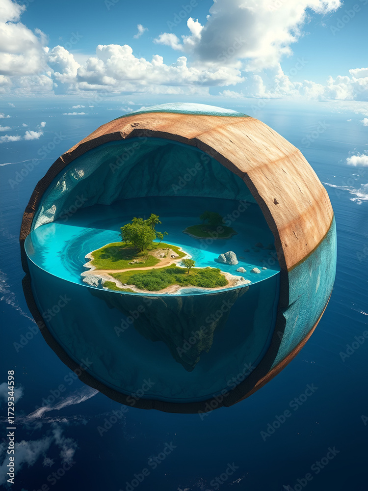A cutaway Earth core reveals an azure ocean with floating islands ...