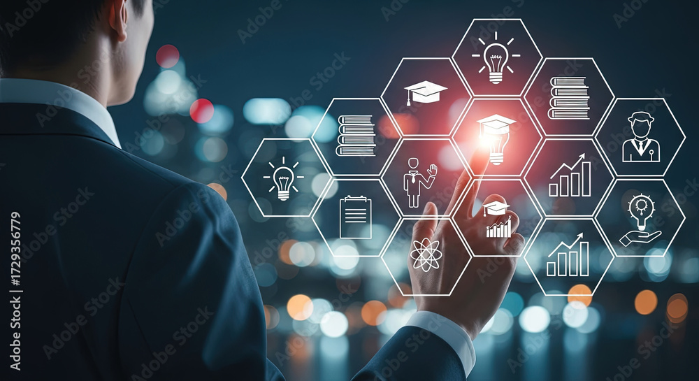Innovative Education Technology Concept: Businessman Interacting with ...