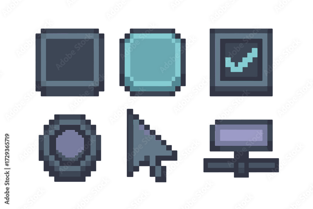 Set of pixel art user interface elements including square buttons, a ...