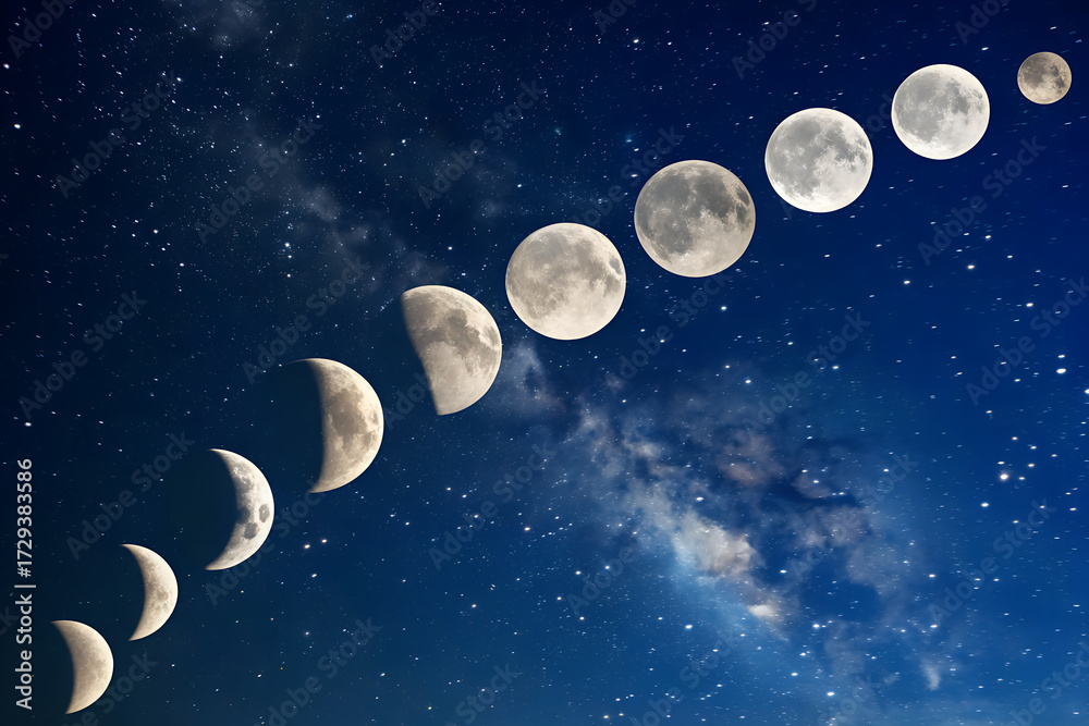 Fotografie Lunar Cycle Under Starry Sky – Arc of Moon Phases from ...