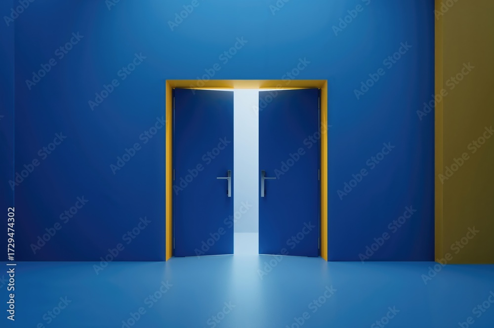 A blue and yellow background featuring two doors opening, symbolizing ...