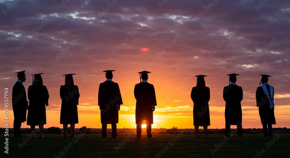 Inspiring graduation ceremony at sunset with diverse graduates looking ...