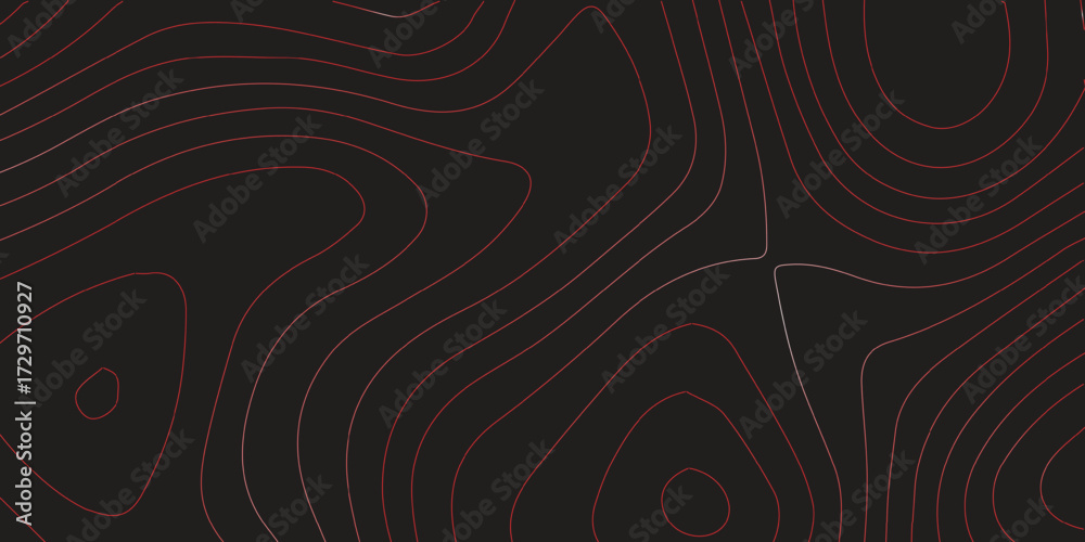 Detailed panoramic topographic map contour red lines black background ...