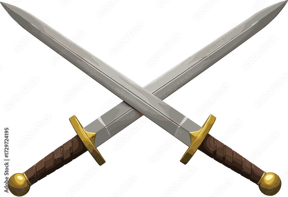 Crossed medieval swords with golden hilt and sharp steel blades, battle ...
