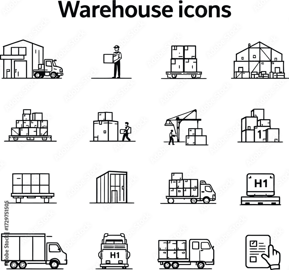 Warehouse Operations Icon Doodle Set – Black and White Vector ...