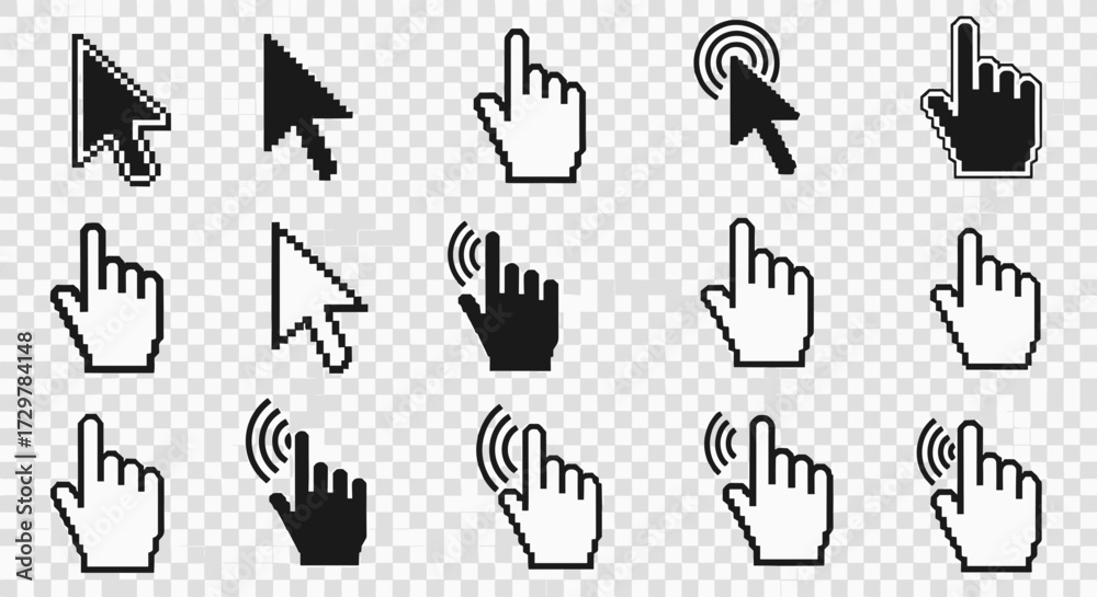 Pixelated Mouse Cursors and Hand Pointers Set with Clicking Animation for UI/UX Design. Stock ...