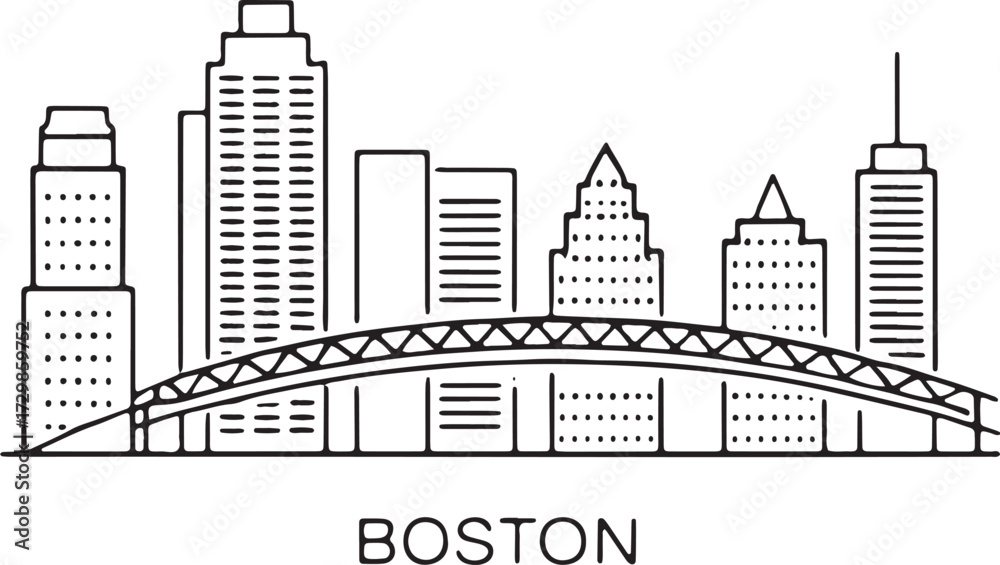 Boston Skyline Line Art Outline Black and White Vector Cityscape ...