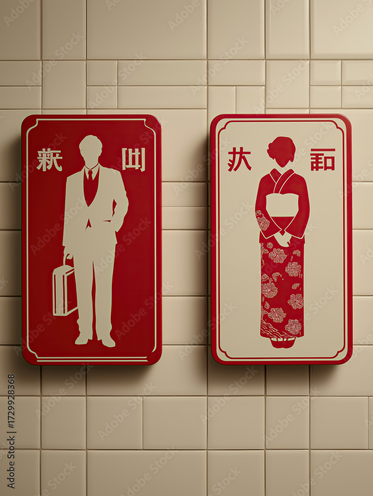 Red restroom sign white silhouette male figure suit briefcase red ...