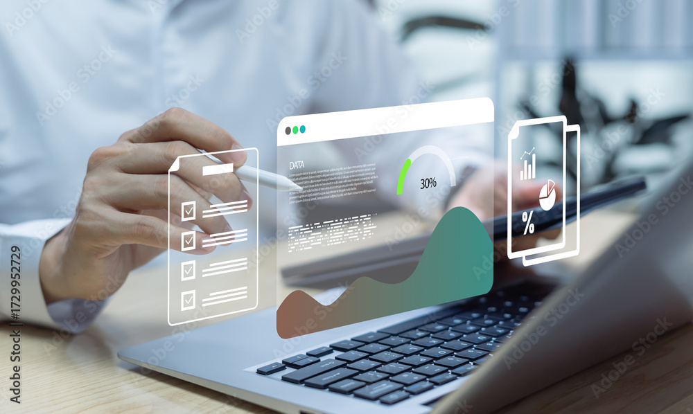 Data analyst using business analytics dashboard with charts, metrics ...
