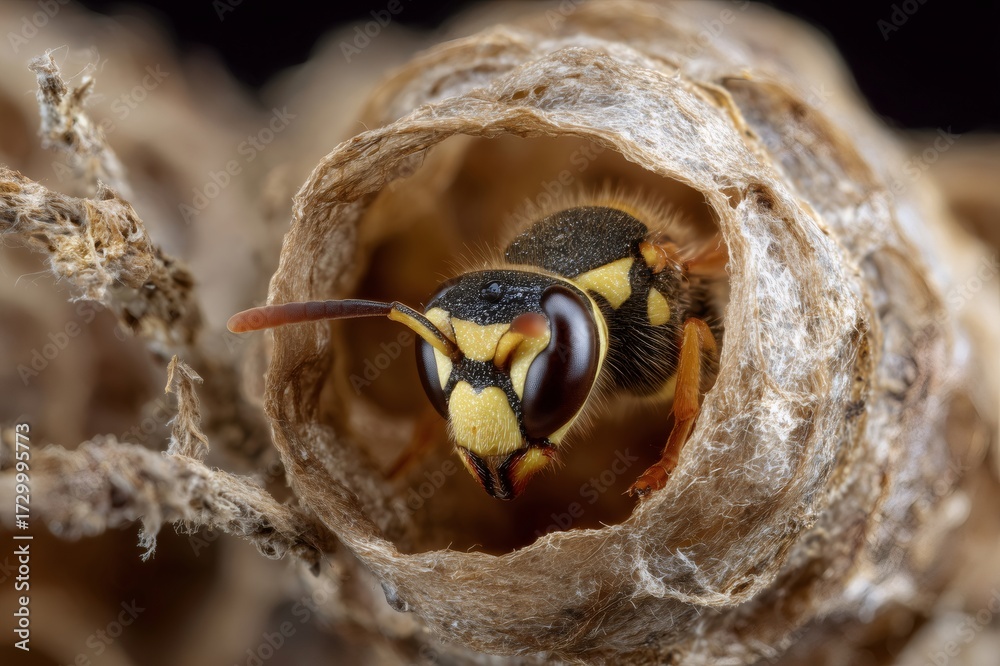 Detailed macro view of a wasp inside a paper nest cell, highlighting ...