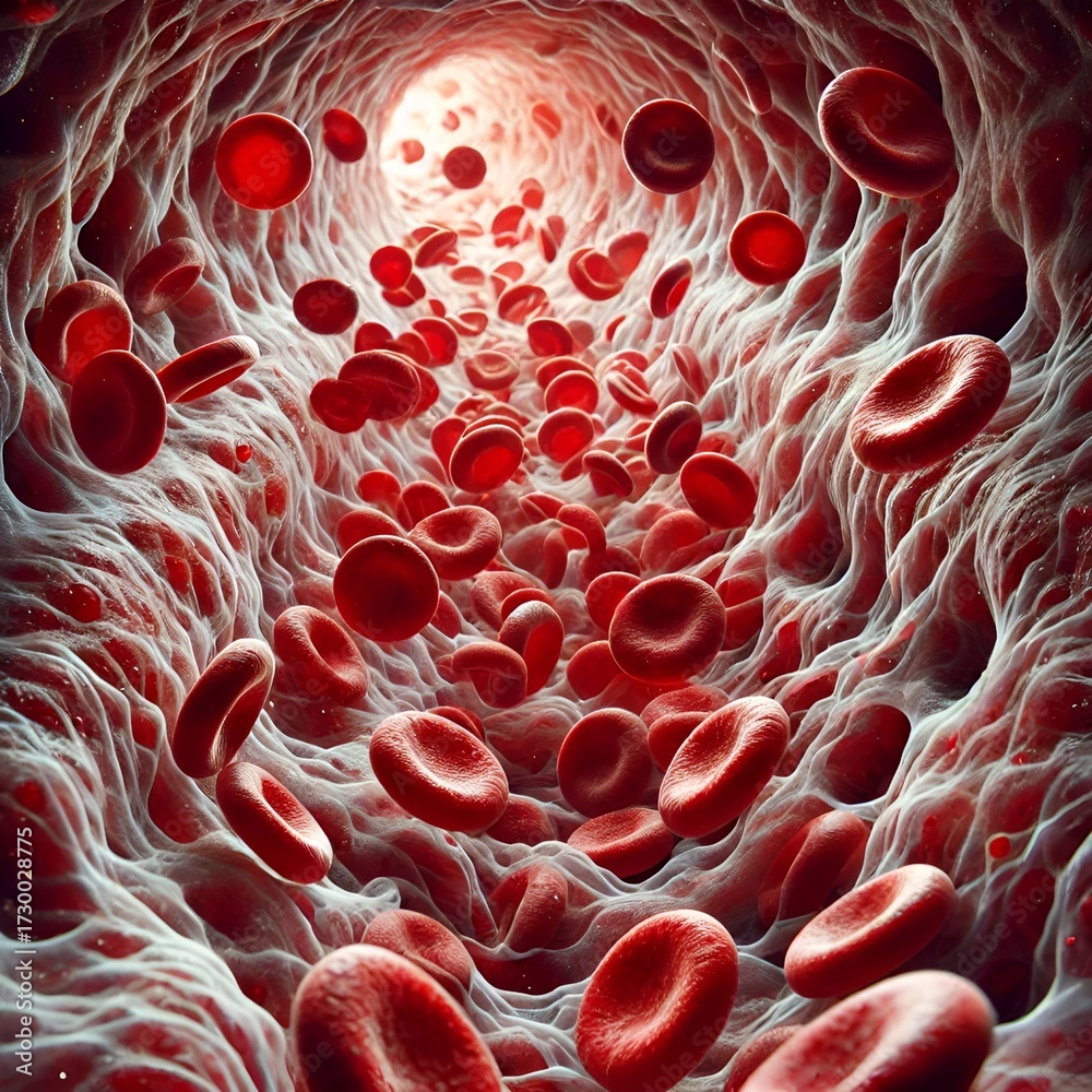 Red blood cells flowing through a blood vessel. For healthcare, biology ...
