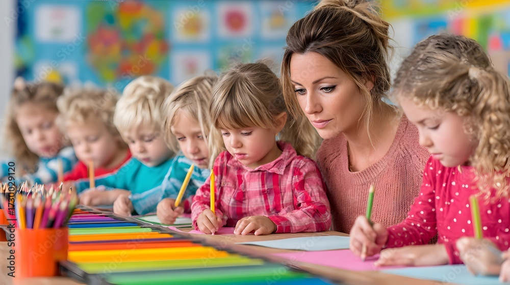 Kind female teacher assists focused young children colo with pencils at ...
